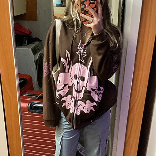 PLAYPUNK Women Rhinestone Oversized Zip Up Hoodie Y2k Skeleton Spider Skull Print Vintage Hoodies 90s Pullover Grunge Jacket Brown