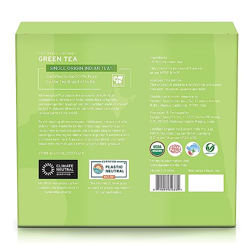 HANDPICK, Organic Green Tea Bags - 100 Tea Bags | Resealable Bag, Round & Eco-friendly Tea Bags | Direct From India