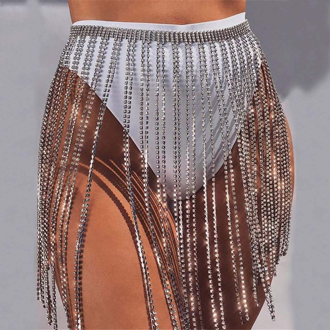 Fairyu Rhinestone Tassel Belly Waist Chains Sexy Beach Rave Body Chains Skirt Accessories for Women and Girls (Silver)