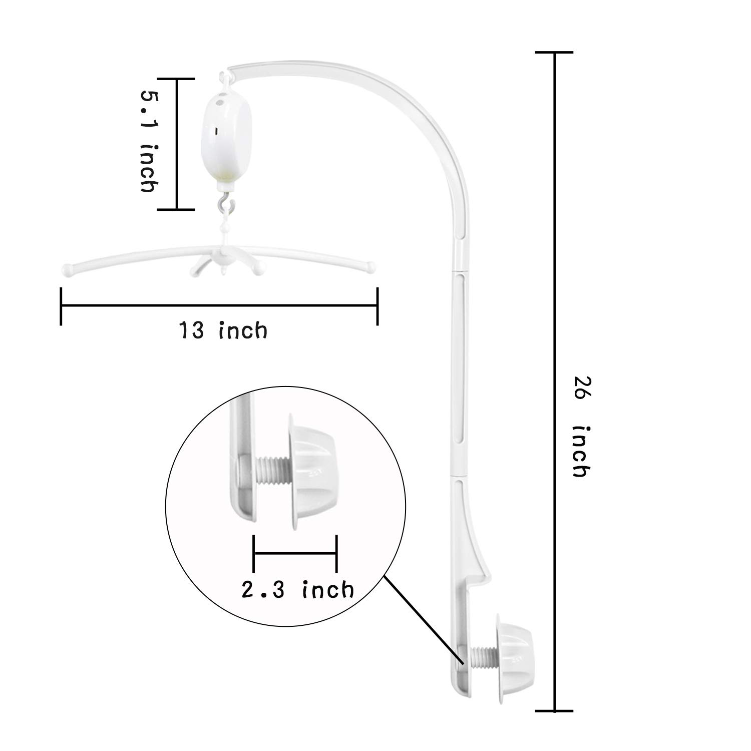 HLEEDUO 26 in Crib Mobile arm,Crib Mobile Motor can Adjustable Volume,Baby Mobile with 3 moeds(Rotating&Music,Rotating only,Music only),Music Box Play 12 lullabies,Mobile arm for Crib