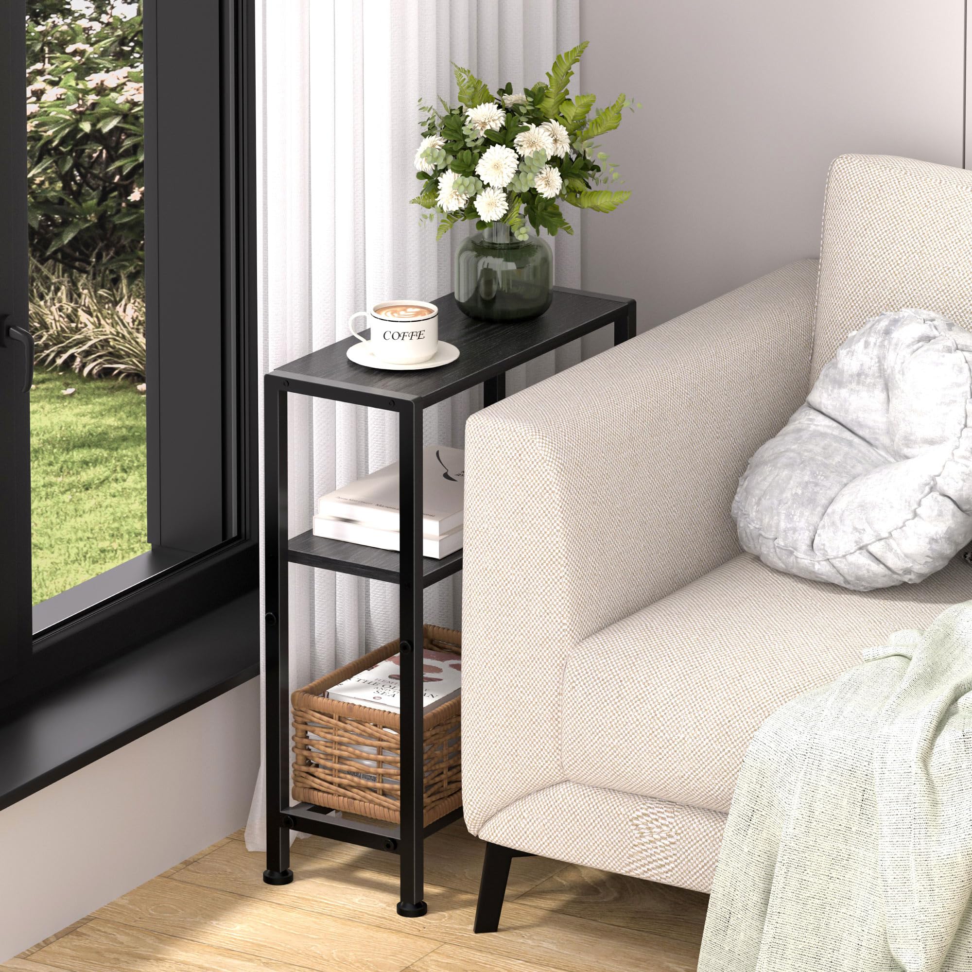 Narrow Side Table with Storage Shelf, 3-Tier Slim End Table for Small Space, Small Bedside Table, Skinny Nightstand with Magazine Rack in Living Room, Bedroom, Study, Kitchen, Balcony (Black)