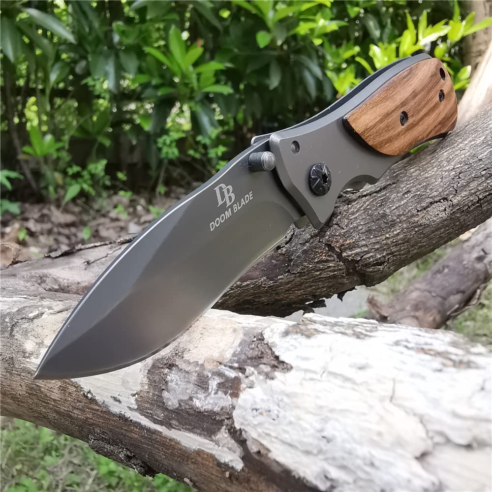 Folding Knife EDC Pocket Knife, Wood Handle with Drop Clip Point Blade,Flipper Clip Pocket Knife for Camping Hunting Hiking