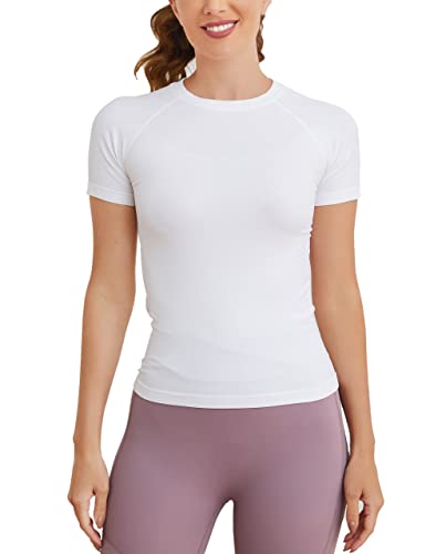 MathCat Workout Shirts for Women, Workout Tops for Women Short Sleeve, Seamless Yoga Shirts, Breathable Athletic Gym Tops Slim Fit(White,S)
