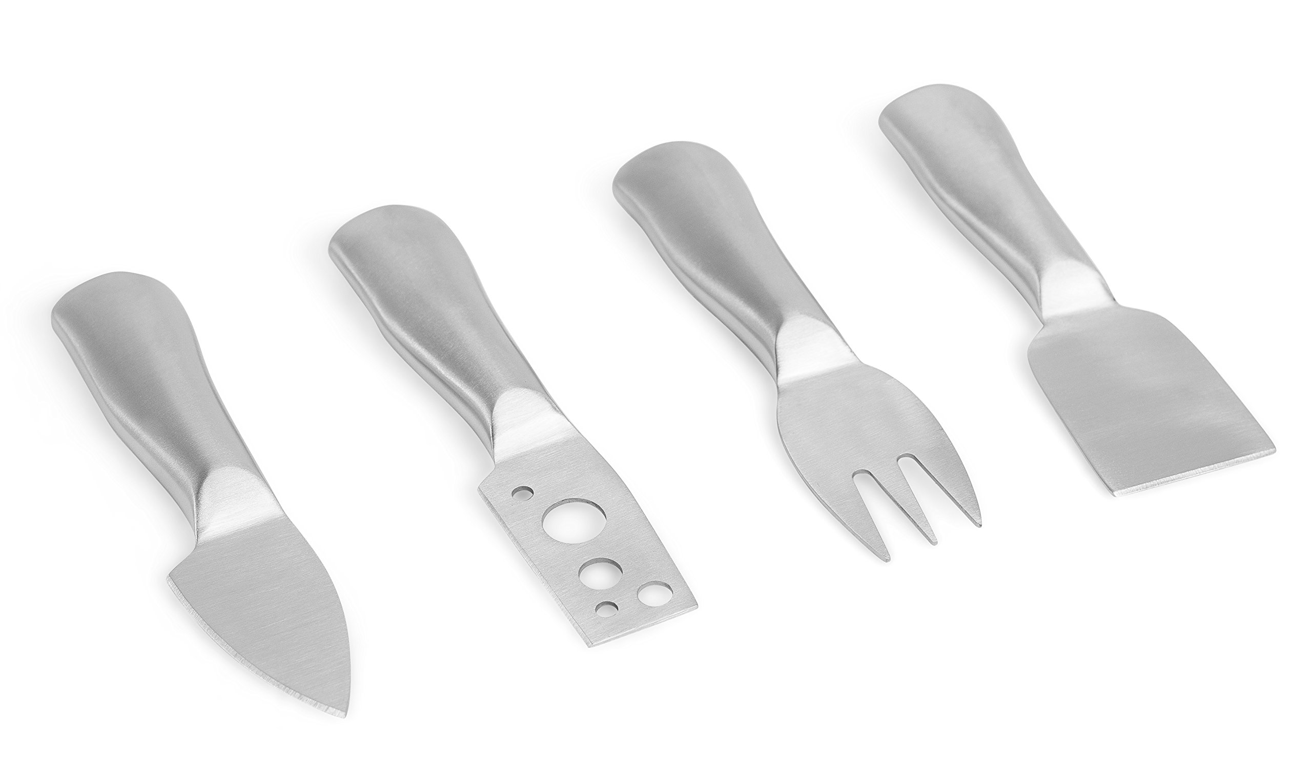 Internet's Best 4 Piece Stainless Steel Cheese Set - Slicer Cutter Knife Fork for Hard Soft Crumble Cheeses - Shaver Spreader Tools