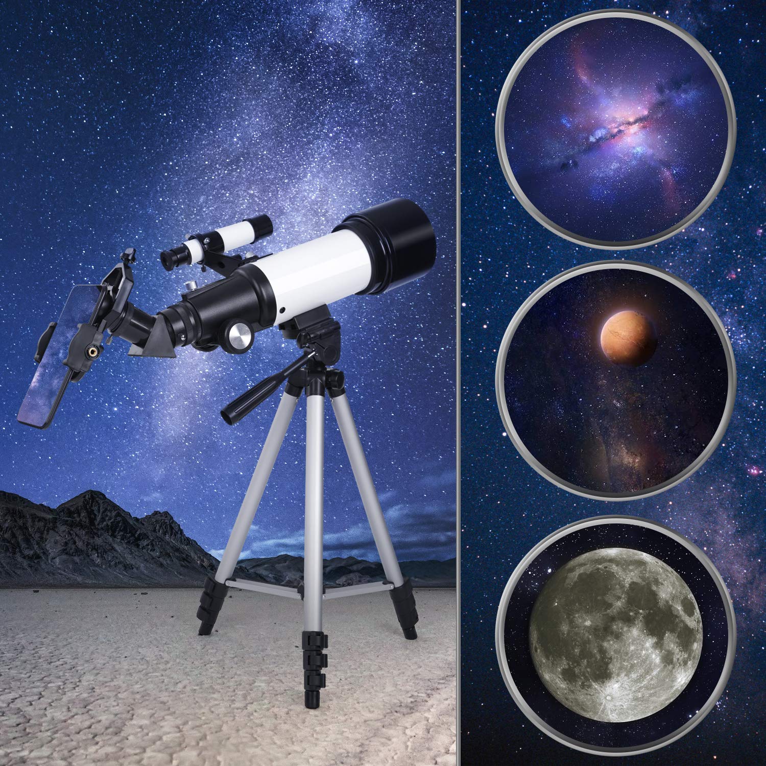 Deesoo Telescopes for Adults Kids - Portable Telescope FMC Lens Adjustable Tripod Backpack Phone Holder for Moon Viewing - 70mm Aperture 400mm Refractor Telescope for Beginners