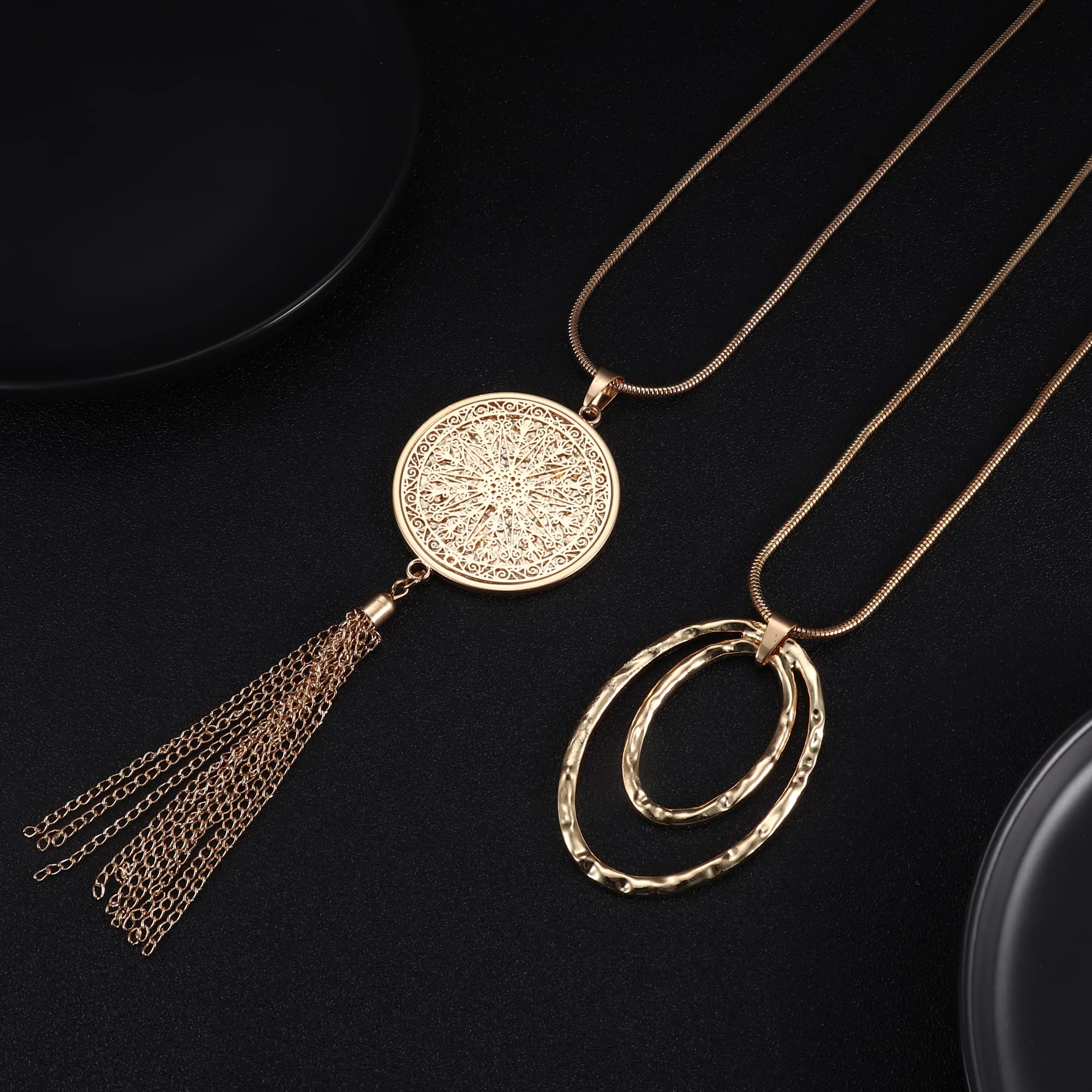 HAIAISO 6Pcs Long Necklaces for Women Tassel Pendant Necklace Circle Knot Bar Feather Leaf Sweater Necklace Statement Necklace for Women