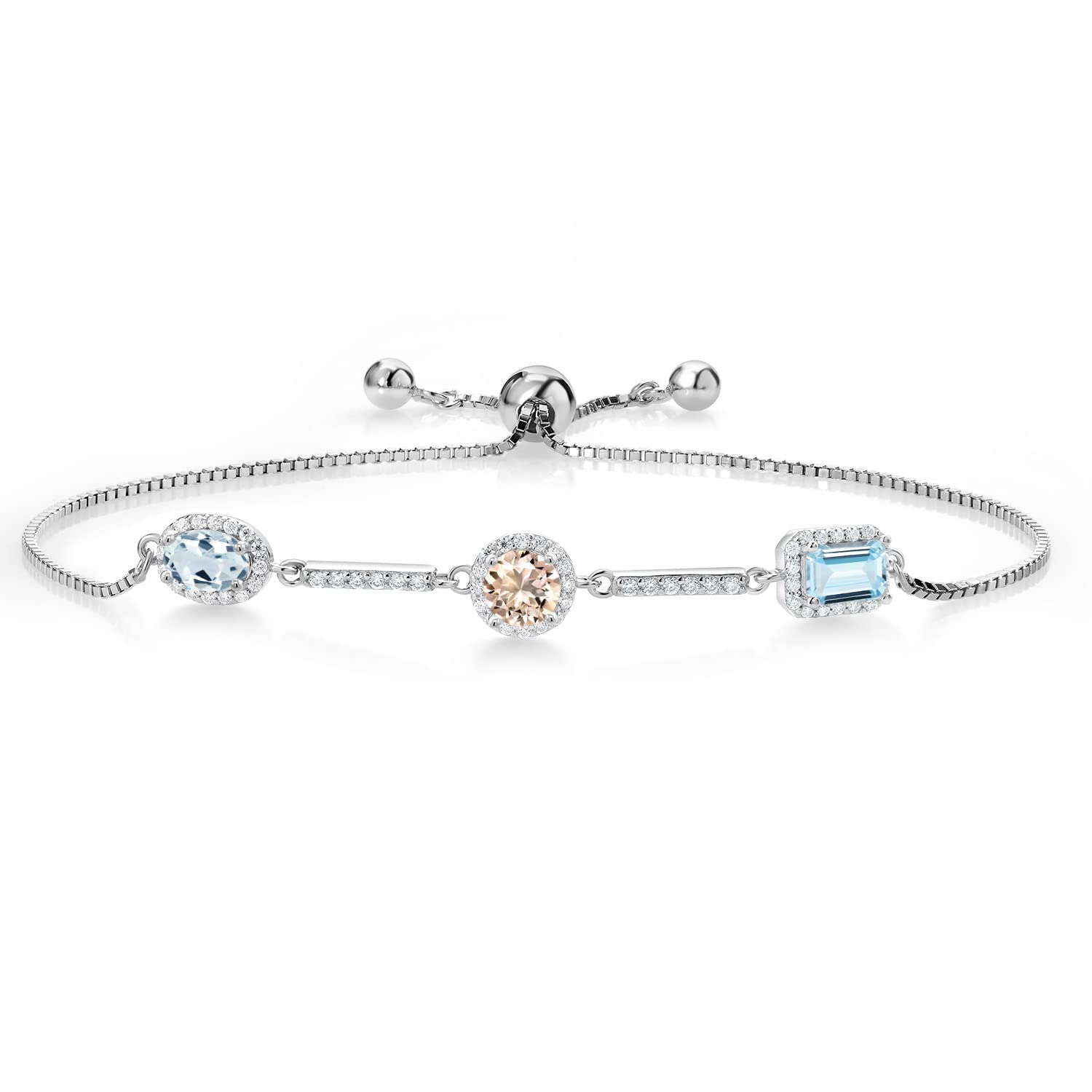 Gem Stone King 925 Sterling Silver Sky Blue Aquamarine Peach Morganite and Created Moissanite Tennis Bracelet For Women By Keren Hanan (1.73 Cttw, Fully Adjustable Up to 9 Inch)