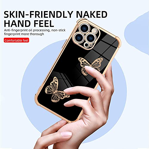 OOK Compatible with iPhone 13 Pro Max Case Luxury Plating Edge Bumper Case with Full Camera Lens Protection Cute Butterfly Pattern Cover for iPhone 13 Pro Max 6.7 Inch for Women Girl(Black)