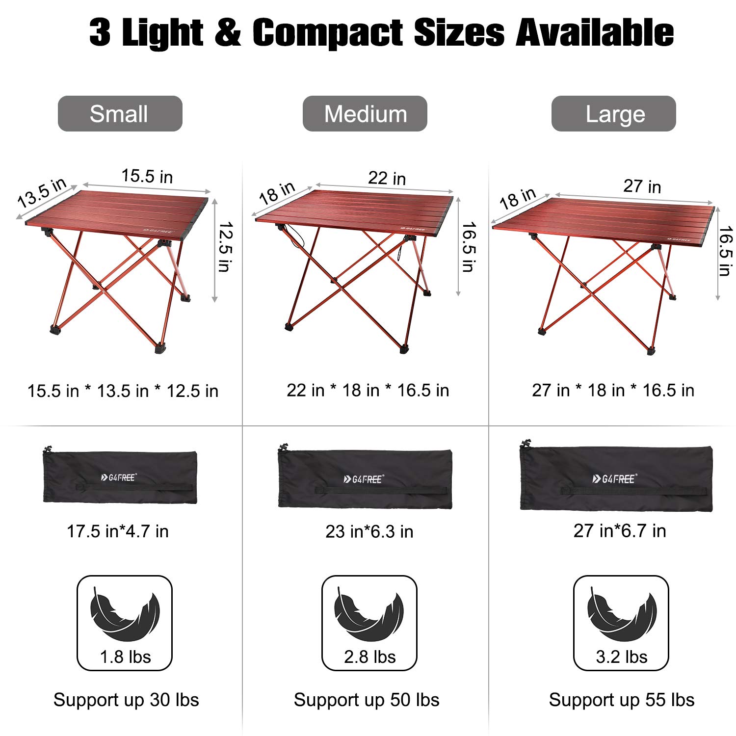 G4Free Portable Camping Table Aluminum Folding Table Compact Roll Up Tables with Carrying Bag for Outdoor Camping Hiking Picnic(Black Medium)