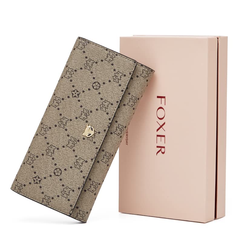 FOXLOVER Faux Leather Ladies Wallets Purses with Zipper Pocket Gift Box Packing Womens Signature Monogram Trifold Wallets Credit Card Holders (Grey)