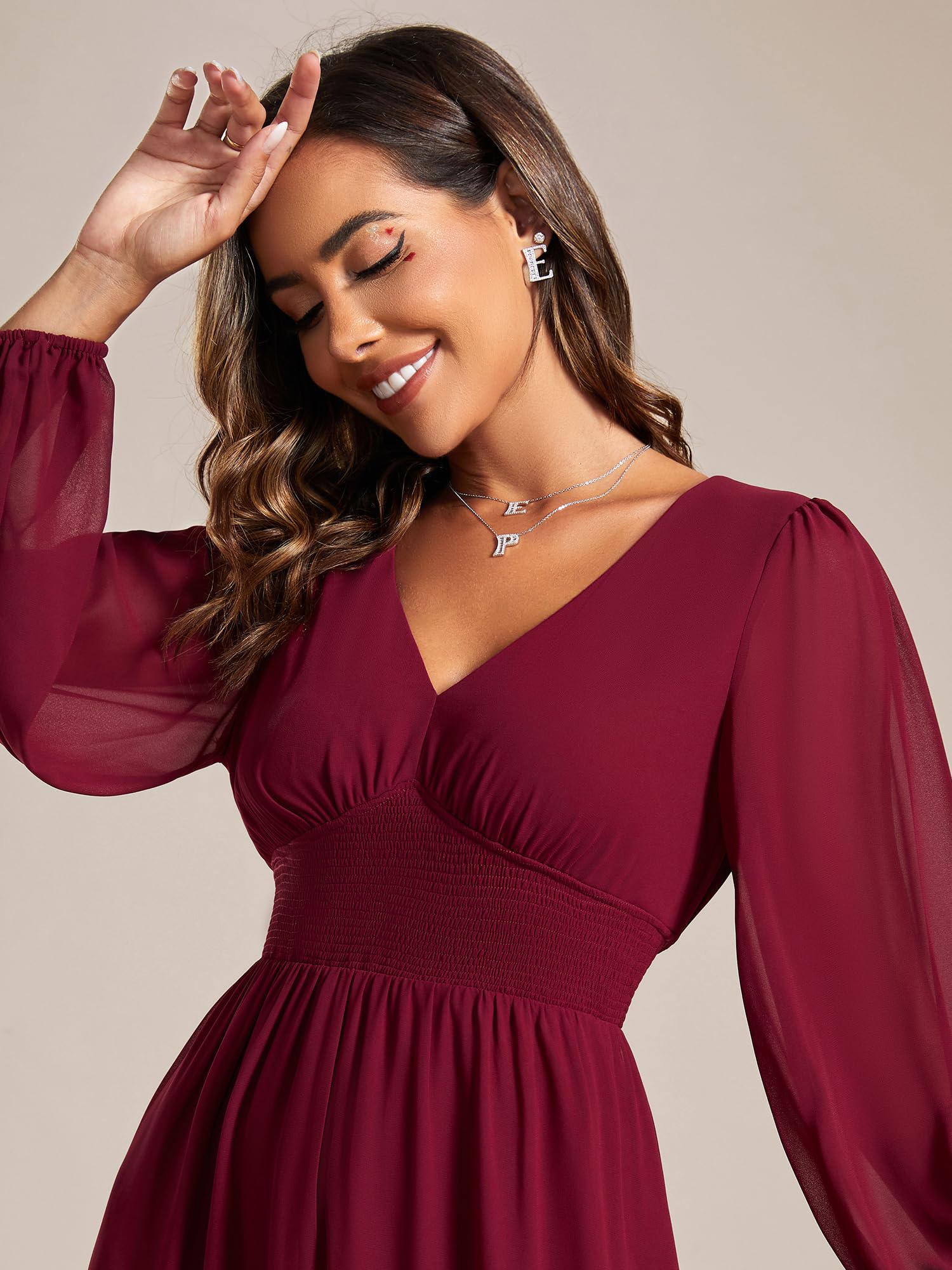 Ever-Pretty Women's Chiffon Long Sleeve Elastic Waist A-Line Knee Length Wedding Guest Dresses Burgundy US16