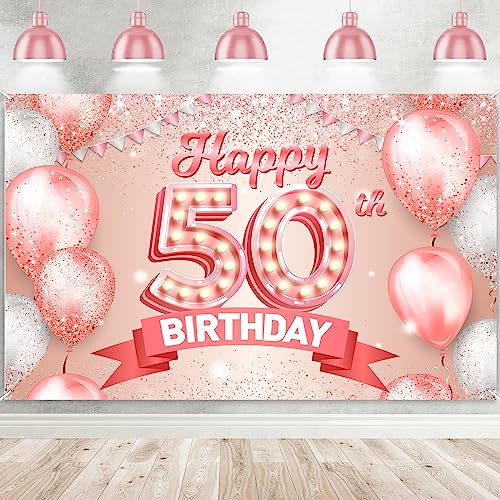 Happy 50th Birthday Rose Gold Banner Cheers to 50 Years Old Backdrop Confetti Balloons Theme Decor Decorations for Women 50 Years Old Pink Birthday Party Supplies Bday Background Favors Gift Glitter