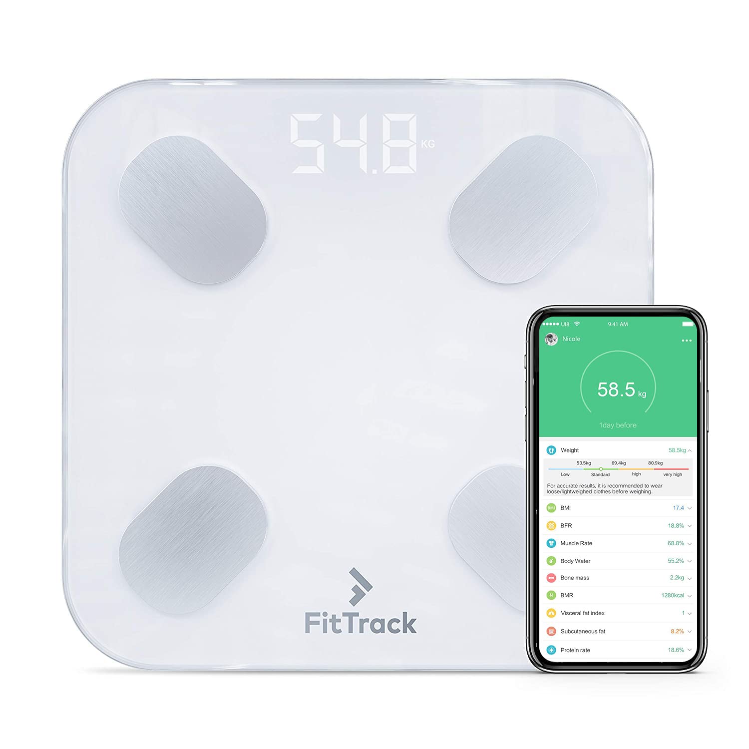 FitTrack Dara Smart BMI Digital Scale - Measure Weight and Body Fat - Most Accurate Bluetooth Glass Bathroom Scale (White)