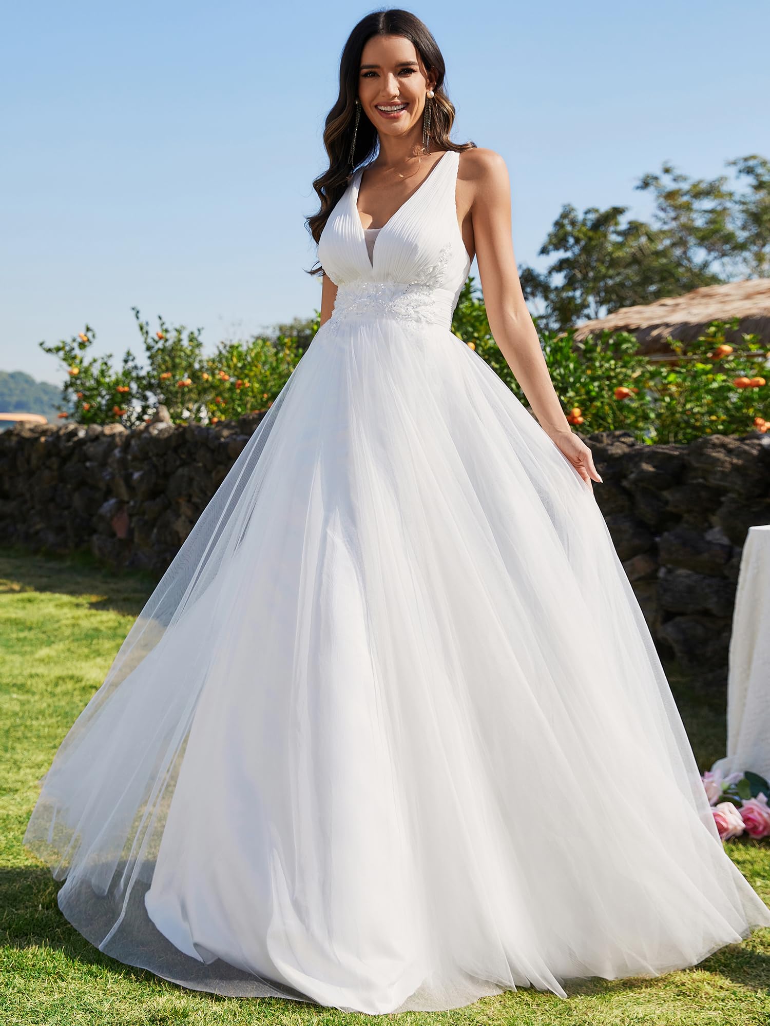 Ever-Pretty Women's Appliques Tulle A-Line V Neck Open Back Wedding Guest Dress White US16