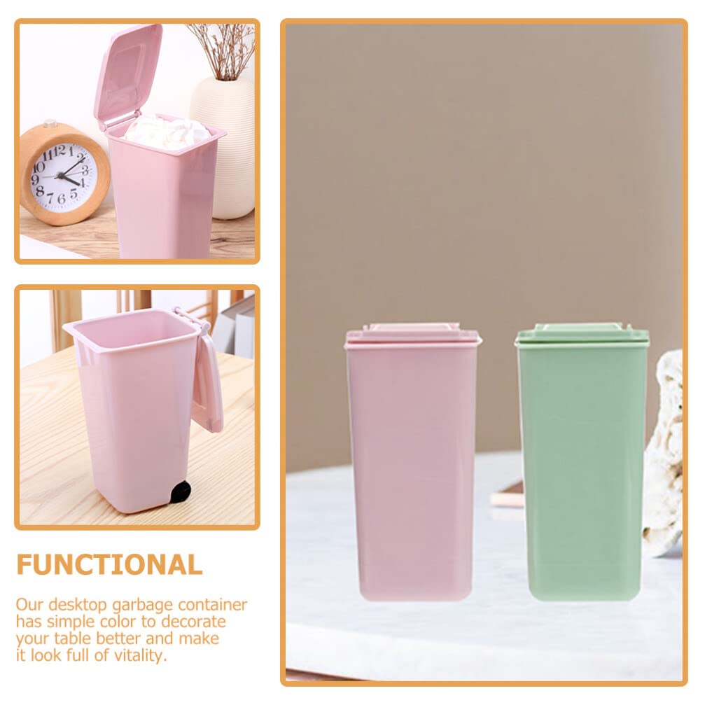 Tofficu Small Waste Basket 2pcs Mini Curbside Garbage Trash Bin with Wheels Lid Pen Holder Tiny Recycle Can Pencil Cup Desktop Organizer for Bedroom Office Desktop Car Green Pink