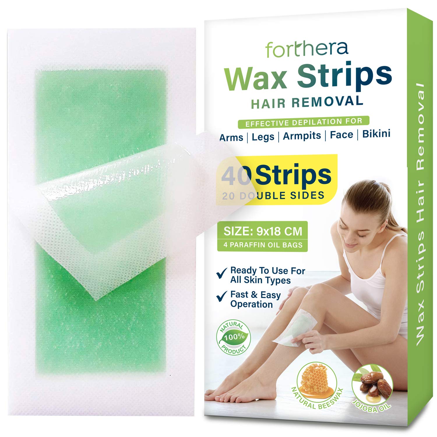 Forthera Wax Strips Hair Removal Kit for All Skin Types, Face, Body & Bikini Area, Quick and Easy [40 Strips]