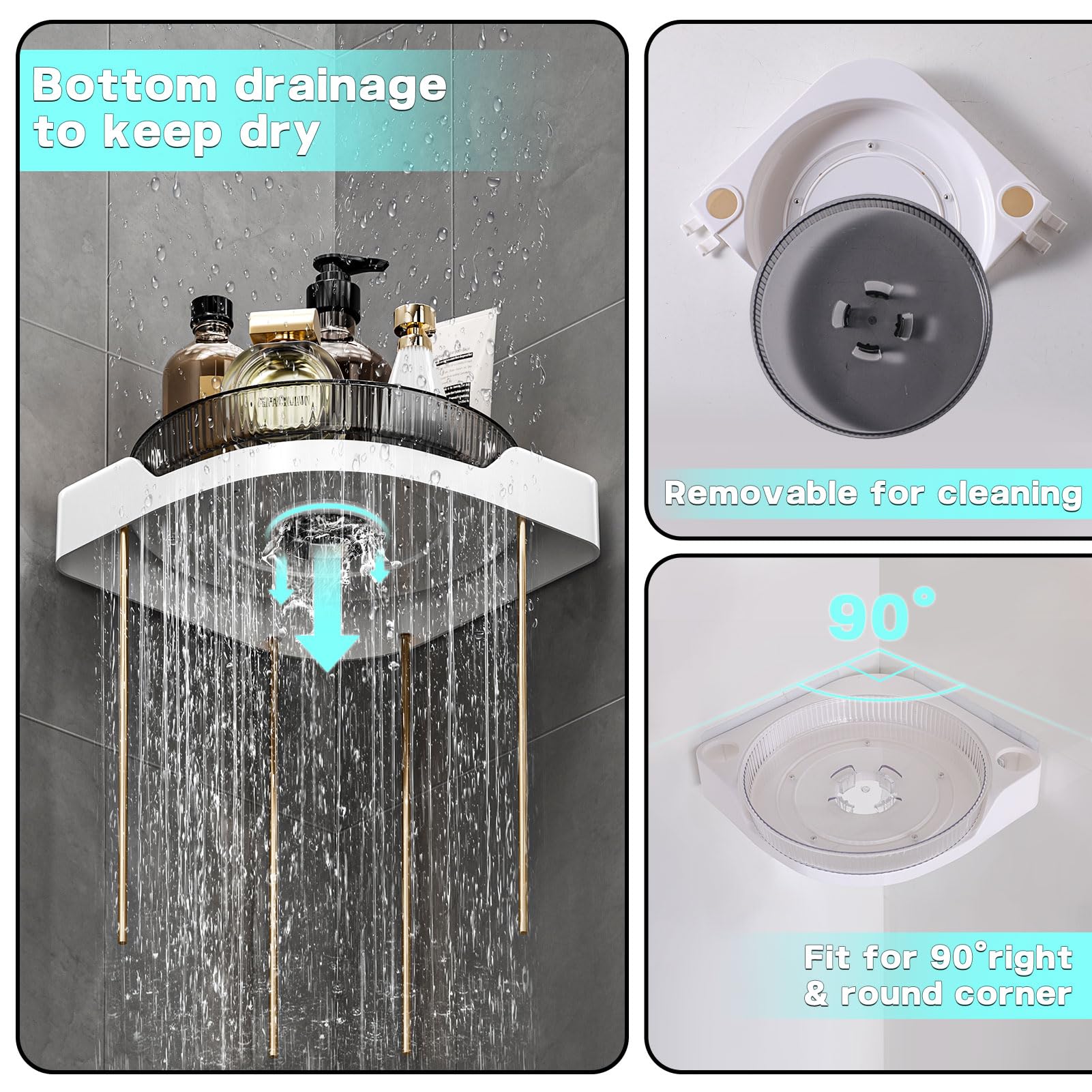 shuang qing 2 Pack Corner Shower Caddy, 360° Rotating Lazy Susan Shower Organizer, Corner Shower Shelf with 2 Hooks, Adhesive No Drilling Wall Mounted Shelves for Bathroom, Kitchen(Black)