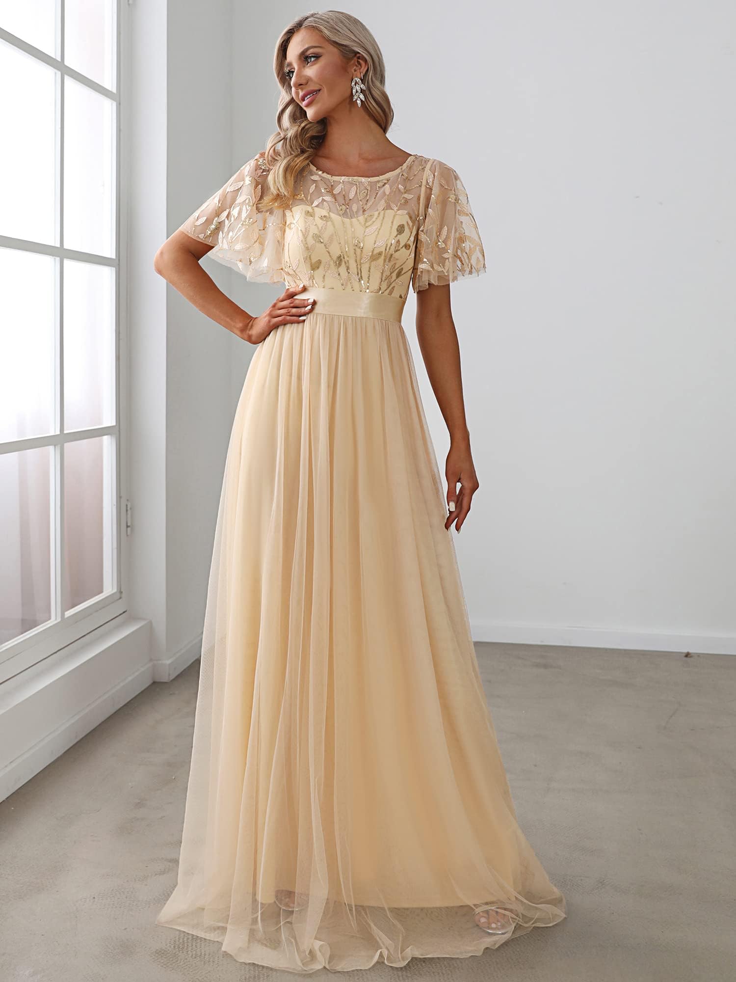 Ever-Pretty Women's Custom Sequin Embroidery Curvy Round Neck High Waist Ruffles Sleeves Long Formal Dresses Gold 9XL