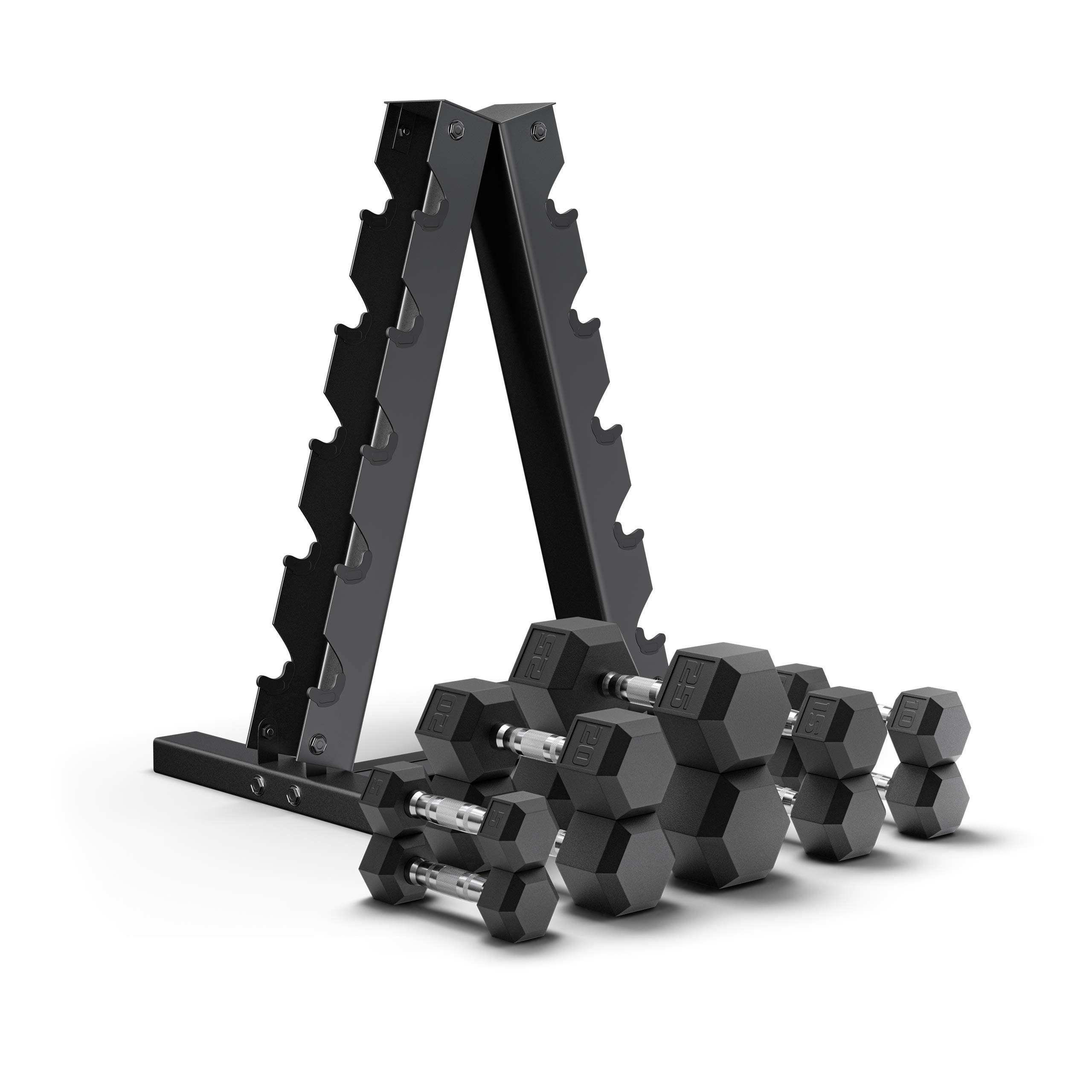 Epic Fitness 150 Pound Premium Hex Dumbbell Set - PVC Coated 5 Pair Black Dumbbell Set with A-Frame Rack - 5, 10, 15, 20 and 25 lb Dumbbells