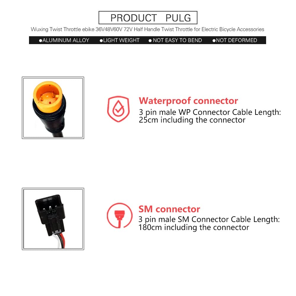 Ebike Throttle WUXING 20X Whole Twist throttle12V-72V Right-Hand Accelerator，3 pin Waterproof Connector for E Bikes or Folding Electric Scooter