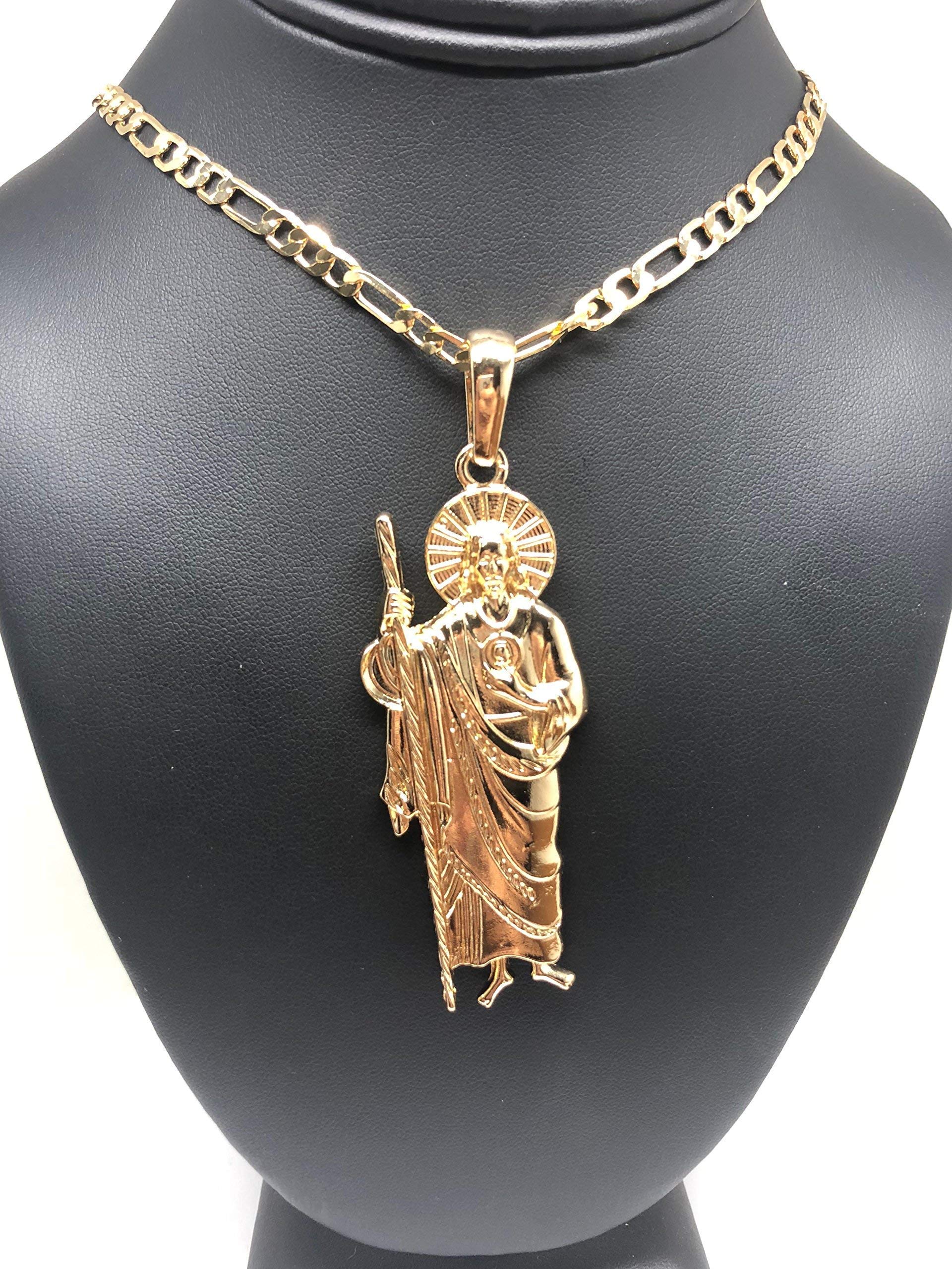 Fran & Co. Jewelry Gold Plated Big Saint Jude Pendant Necklace Figaro 26" San Judas Tadeo Medalla XL Cadena Oro