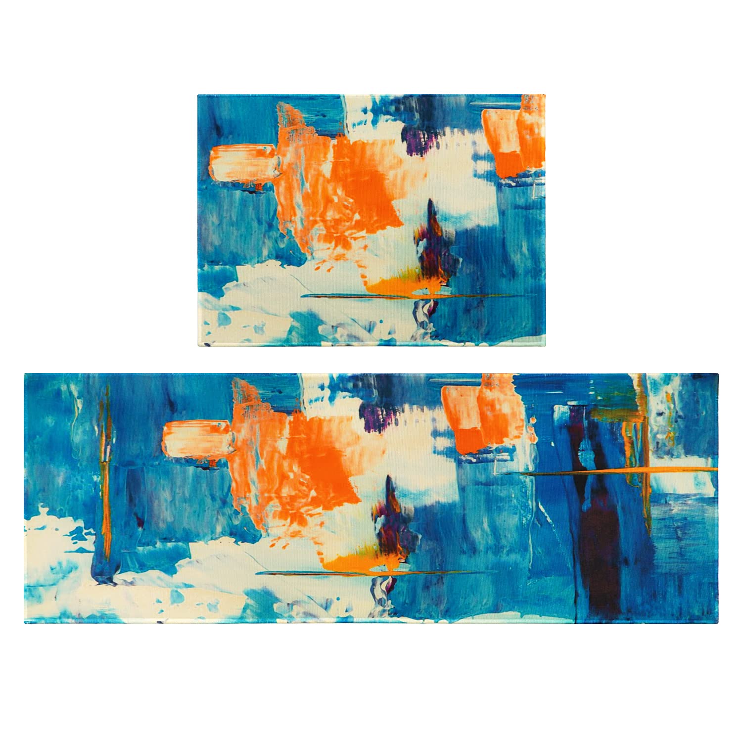 Fuoxowk Turquoise Teal Modern Abstract Kitchen Rug Set,Blue Orange Artistic Painting Decorative Runner Rugs with Rubber Backing,Throw Rugs Washable for Kitchen Sink,Laundry Room,Standing Desk,Boho