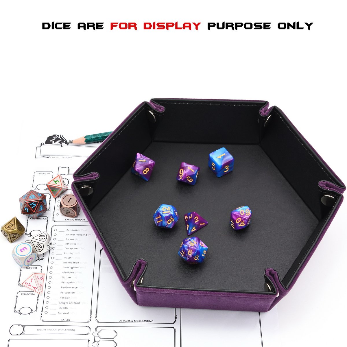 Dice PU Leather Folding Hexagon Tray w/Purple Velvet for RPG, DND, Other Dice Games and Storage