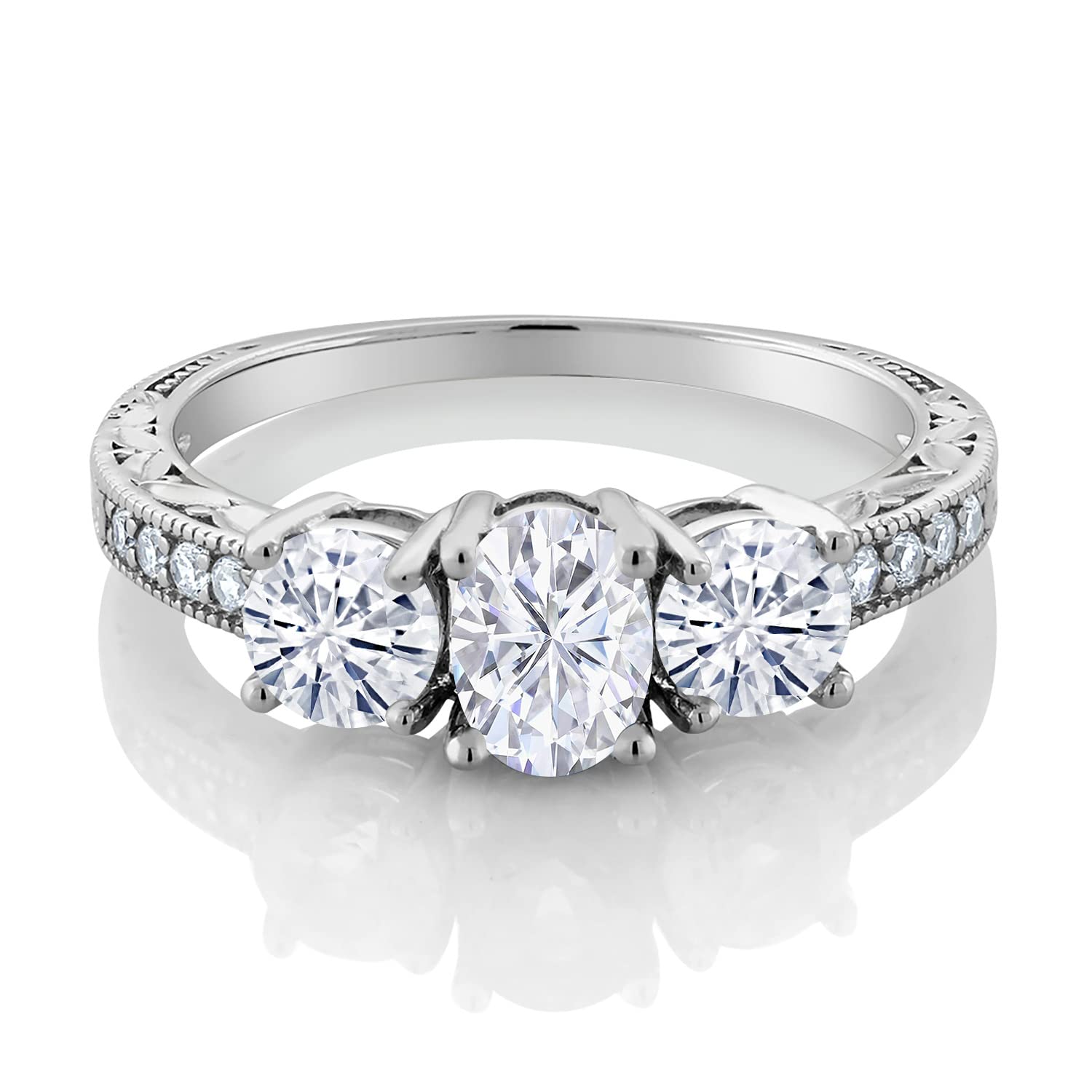 Gem Stone King 925 Sterling Silver White Moissanite 3 Stone Women Engagement Ring (2.02 Cttw, Available In Size 5, 6, 7, 8, 9)
