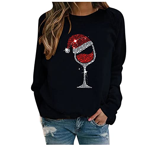 GuangYuan Pullovers For Women Casual Funny Christmas T-Shirt Large Size Slouchy Sweatshirt Drop Shoulder Pullover Clothes Outfits Black