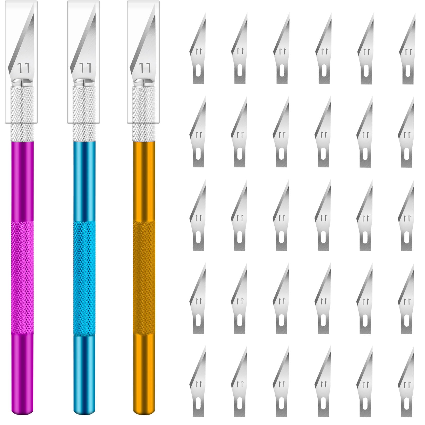 JETMORE Exacto Knife, 3 Exacto Knives with 30 Exacto Blades #11, Exacto Knife Set for Crafting, Craft Knife, Hobby Knife, Precision Art Knife for Scrapbooking, Modeling, Stencil (Black-Silver-Pink)