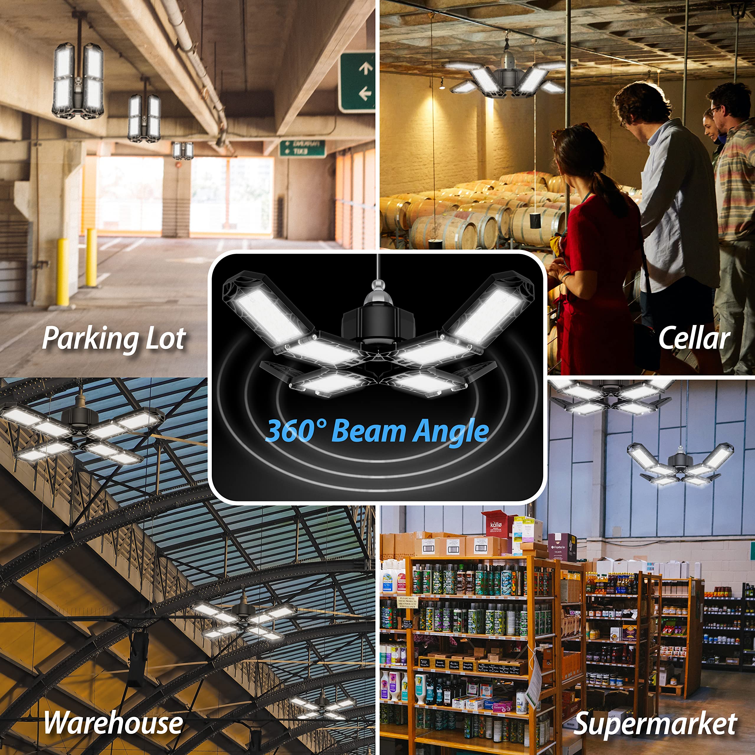 Garage Light, 150W LED Garage Light 15000LM 6500K Deformable Led Garage Lights with E26/E27 Screw Socket, Led Ceiling Light for Warehouse Attic Garage