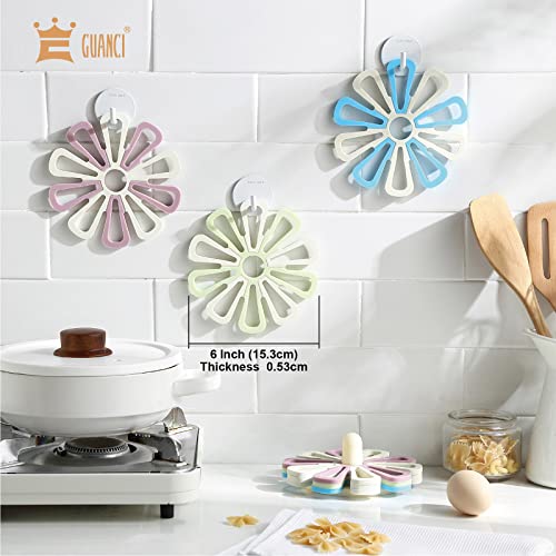 Silicone Trivet Mat 6 PCS with Storage Base, GUANCI Hot Pot Holder Hot Pads for Table & Countertop Set Non-Slip & Heat Resistant Modern Kitchen Hot Pads for Pots & Pans(Pink, Blue and Green)