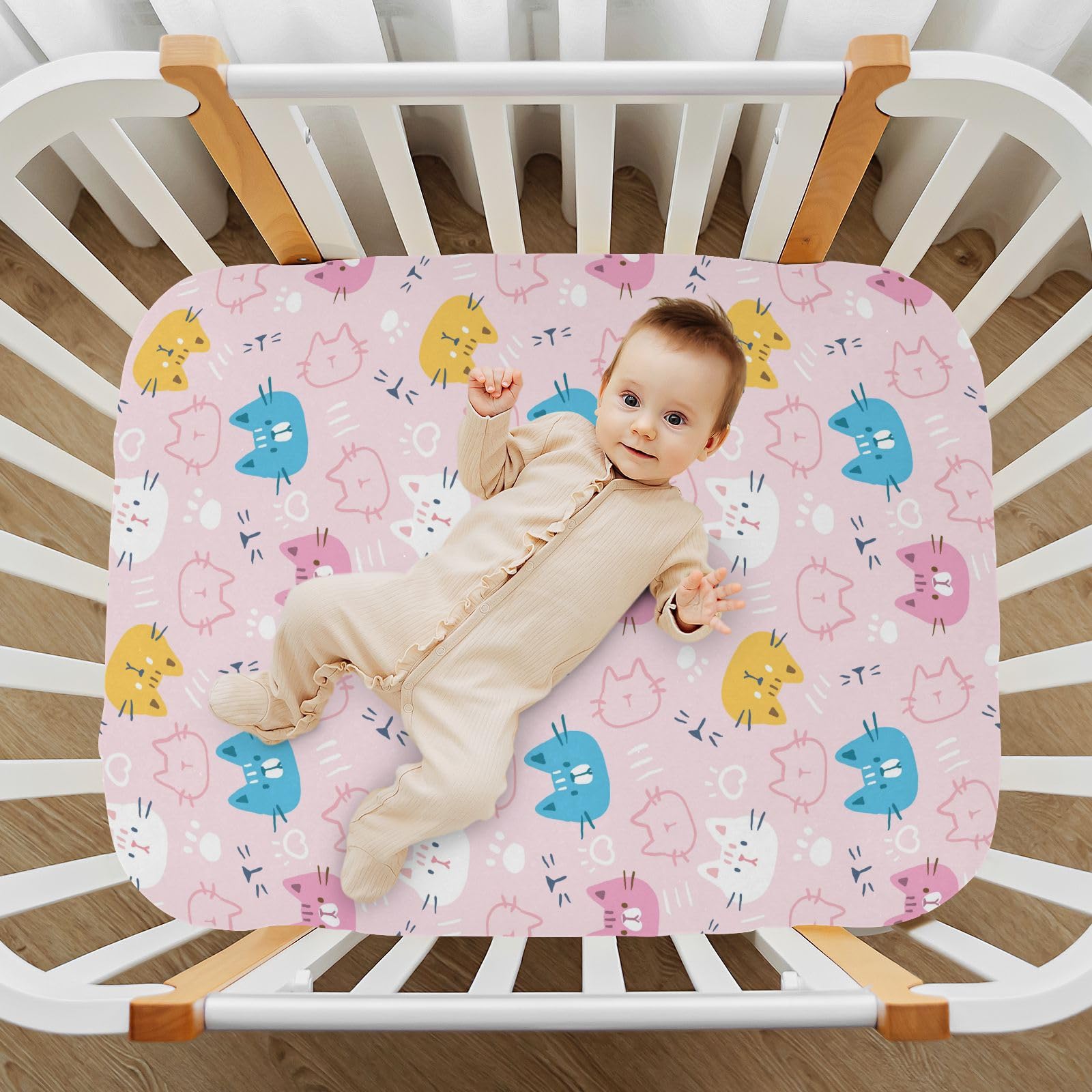 Kigai Cartoon Cat Face Pink Crib Sheets for Boys Girls, Soft and Breathable Pack n Play Sheets, Portable Mini Stretchy Cribs Sheets, 39x27 Inch