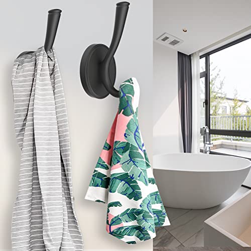TOFIIGREM Matte Black Wall Hooks Double Hook, Heavy Duty Thick Metal Bath Coat Hooks for Hanging Key Robe Hat Backpack, Wall Mount Hooks Bathroom Kitchen Garage Hooks(4 Pack, Black)