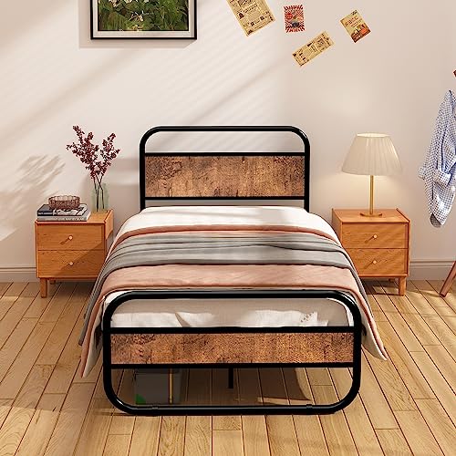 Vecilla Twin XL Bed Frame with Wood Headboard and Footboard, 12 inch Heavy Duty Platform Bed Frame No Box Spring Needed, Non Slip Mattress Foundation, Easy Assembly, Noise-Free, Rustic Brown