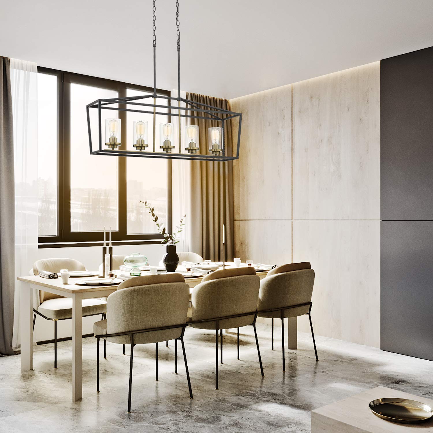 Emliviar Modern 5-Light Kitchen Island Pendant Light Fixture, Linear Pendant Lighting, Black and Gold Finish with Clear Glass Shade, P3033-5LP