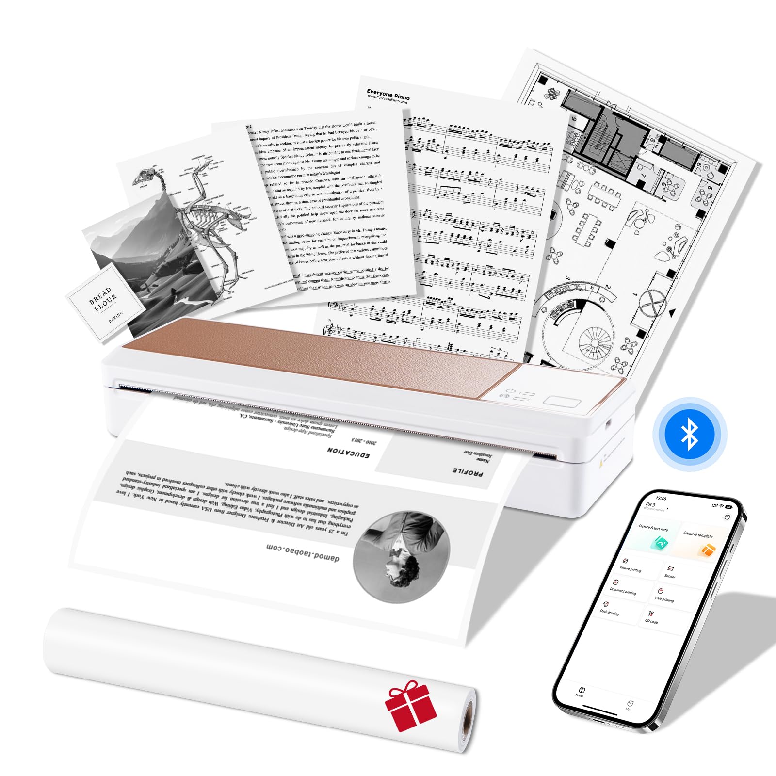 LFPERT A4 Portable Printer Wireless - Inkless Printer Compatible with iOS,Android,Mobile Phones and Laptops,Bluetooth Printer for Travel and Home Office(White Brown), WhiteBrown