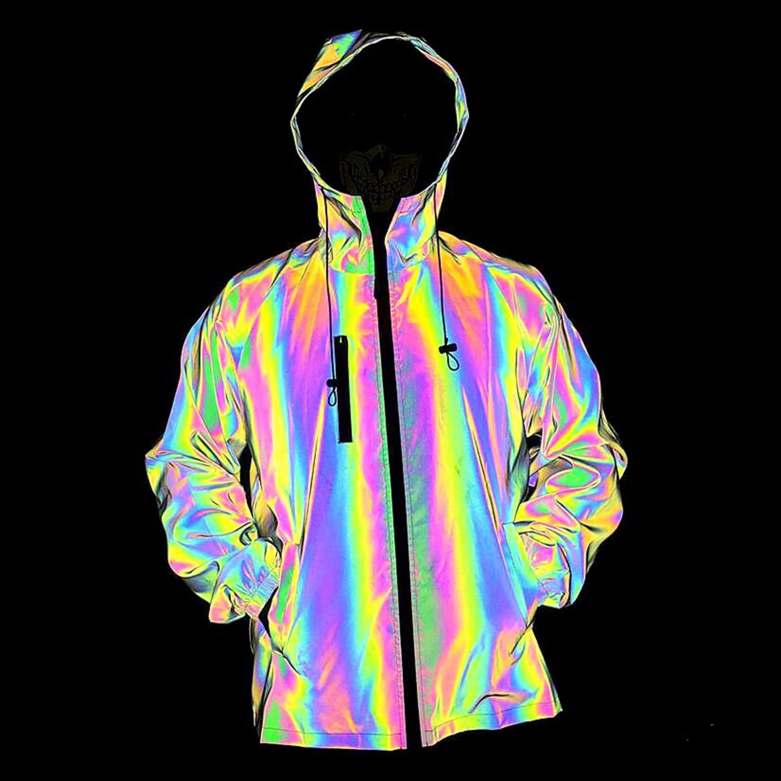 Glow Rainbow Hip Hop Jackets Black Reflective Jacket for Men and Women Hooded Zipper Waterproof Coat Windbreakers Zipper