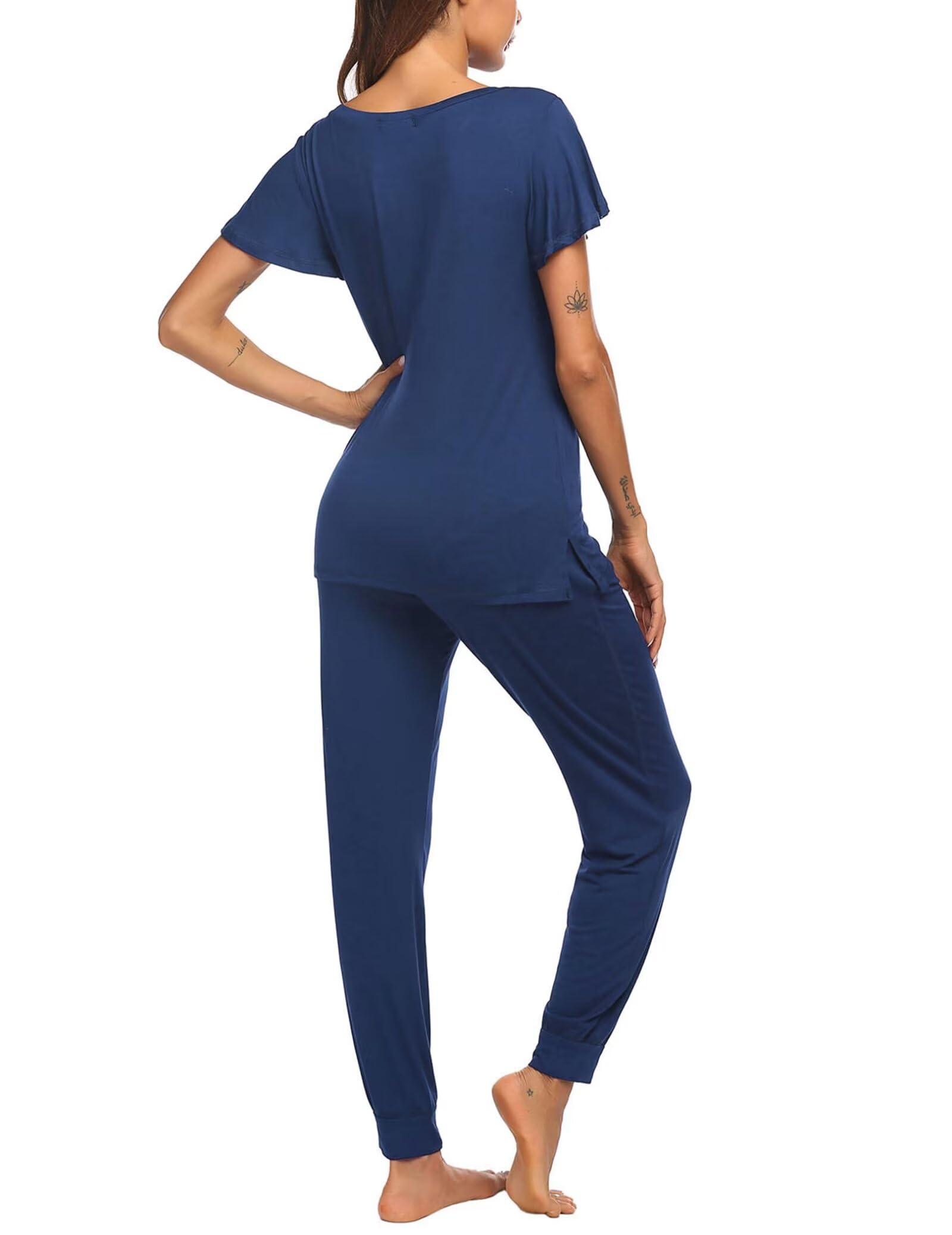 Ekouaer Pajama Set for Women Soft Short Sleeve Tops and Long Pants with Pockets Summer Pj Sets Navy XL