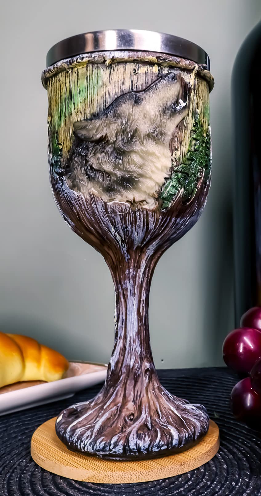 Ebros Gift Mystical Howling Gray Wolf Wine Goblet 7oz Chalice Cup In Rustic Wood Bark Roots Design