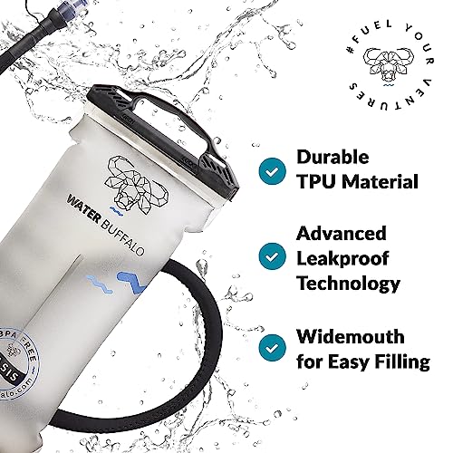 Water Buffalo Hydration Bladder - Water Bladder for Hiking Backpack - Leak Proof 2L Hydration Bladder - Water Reservoir Insulated Hose & High Flow Bite Valve - Oasis 2 Liter Hydration Bladder
