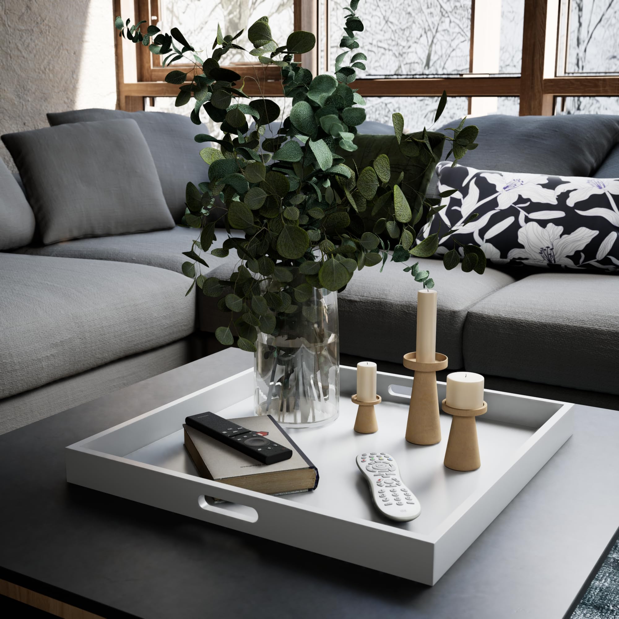 Hanobe Square Large Ottoman Tray: Modern Extra Large Black Serving Decorative Trays with Cutout Handles for Living Room Coffee Table Home, 20"