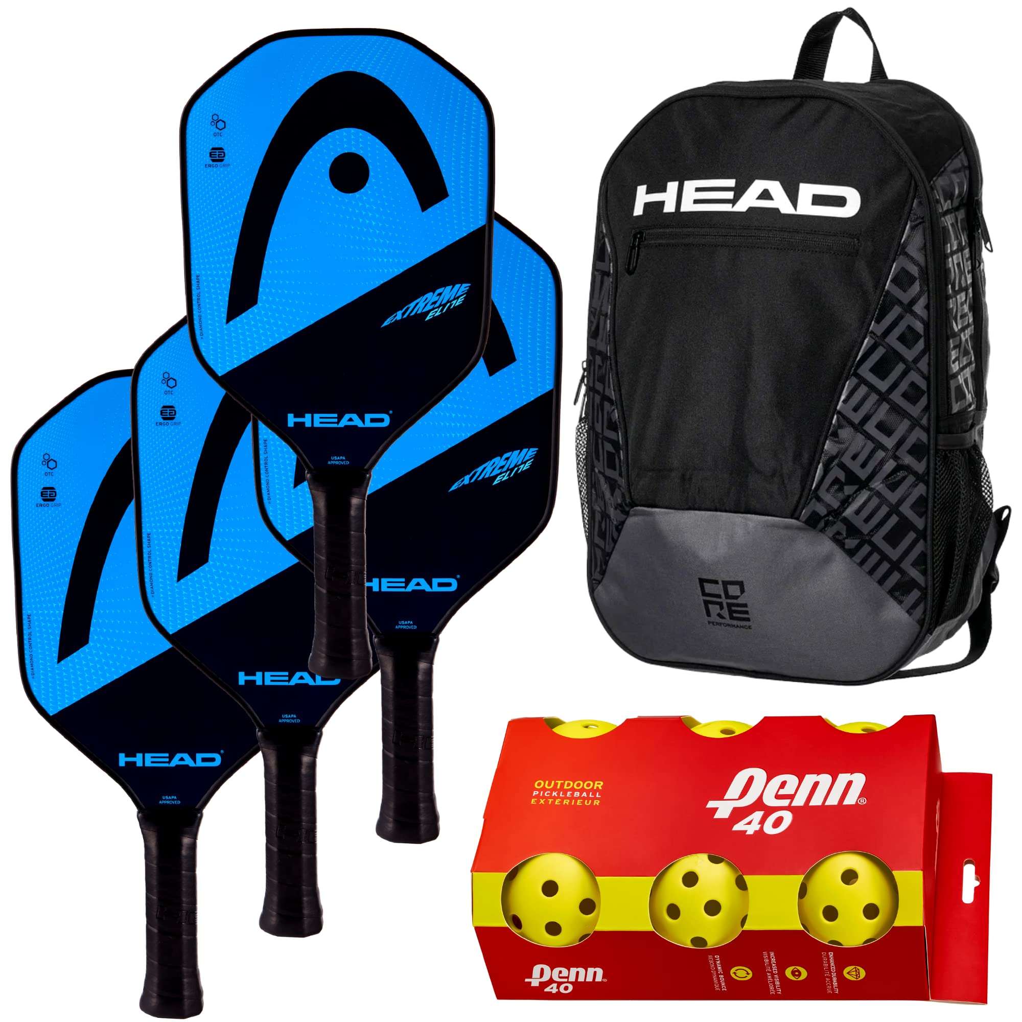HEAD Extreme Elite Composite 4 Paddle Bundle with HEAD Core Backpack, 6-Pack Penn Outdoor Pickleballs