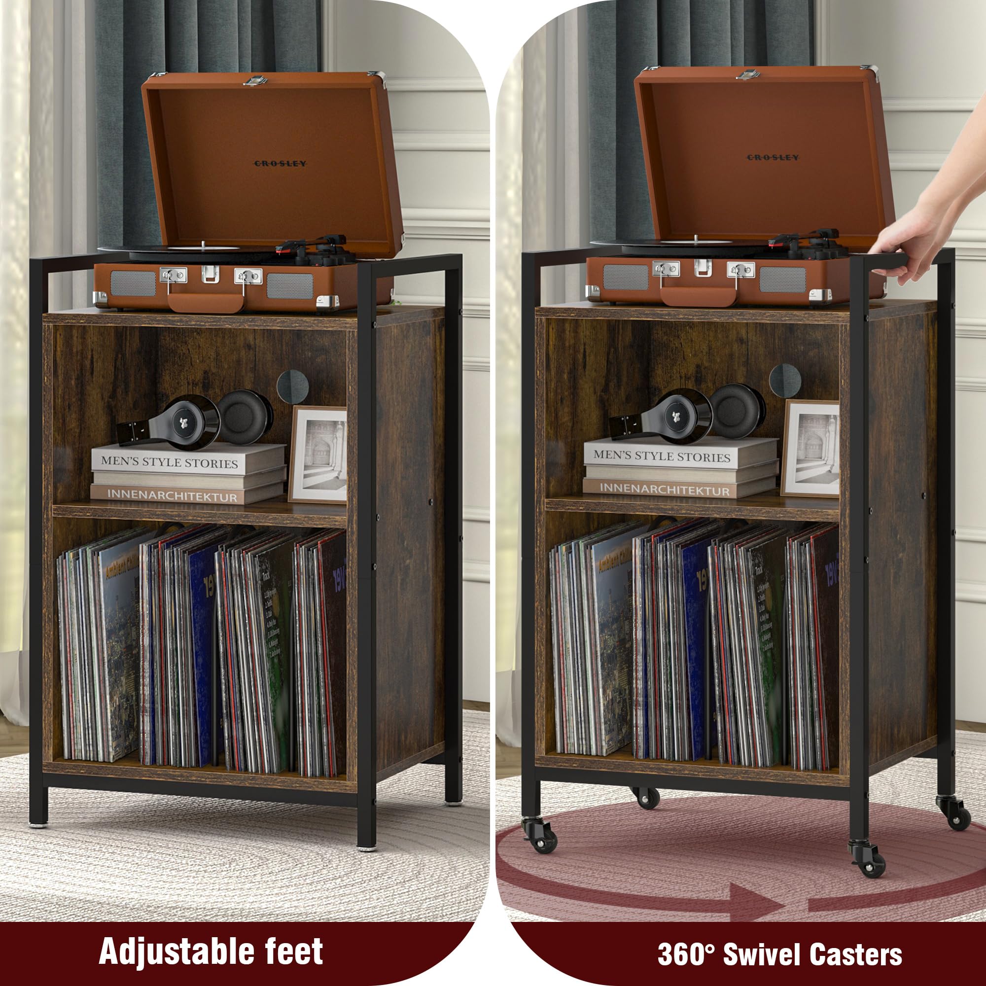 Entrintou Record Player Stand, Mid Century Turntable Stand, 3-Shelf Vinyl Record Holder with Vinyl Record Storage, Rustic Brown Record Player Table Cabinet with Handle for Living Room, Bedroom, Office