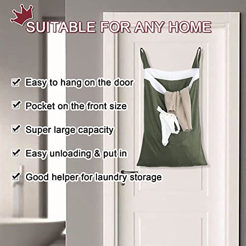 GyiHoong 100% Linen Door Hanging Laundry Hamper Bag, 20x27 Inch Hanging Laundry Bag with Front Pocket, Space Saving Over the Door Laundry Hamper(Green)