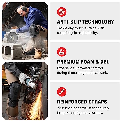 NoCry Professional Construction Knee Pads for Men and Women β Heavy Duty Anti-Slip Cap, Extra Thick Gel & Foam Cushion, Reinforced Adjustable and Elastic Straps, Military Grade Rivets