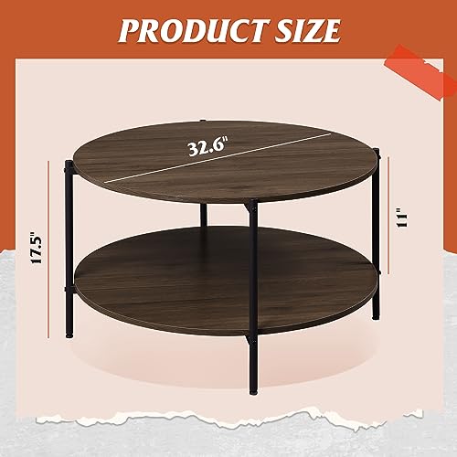 WLIVE Round Coffee Table, Living Room Table with 2-Tier Storage Shelf,32in Wood Modern Coffee Table with Metal Frame and Wood Desktop,Easy Assembly,Brown Walnut.