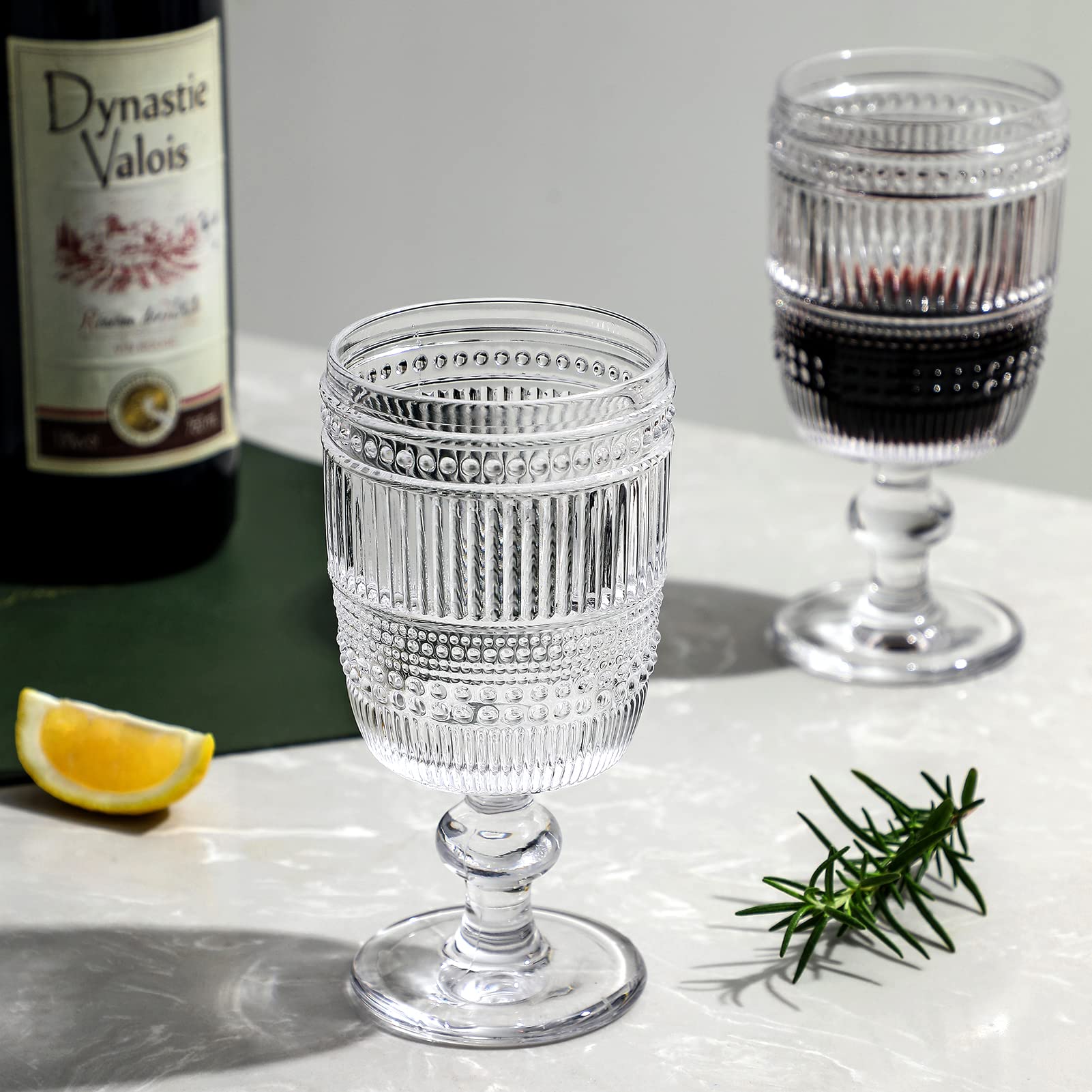 G Pearl and Ribbed Vintage Goblets, Iced Tea Goblets 10.5 oz. set of 6 Water Goblets Beverage Glass Set for Wine Soda Juice Drinking Glass with Stem, Perfect for Dinner Parties Bars Restaurants