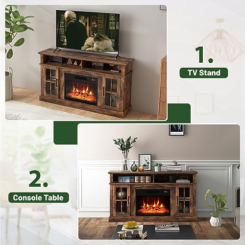 SIMOE 58 Inches Fireplace TV Stand with 23 Inch Fireplace, Electric Fireplace TV Console for TVs up to 65", Entertainment Center with 2 Cabinets & Remote Control, Brown
