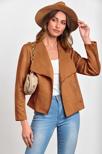 PRETTYGARDEN Women's Faux Suede Jackets 2023 Fall Clothes Long Sleeve Open Front Cropped Coat Outwear (Brown,Medium)